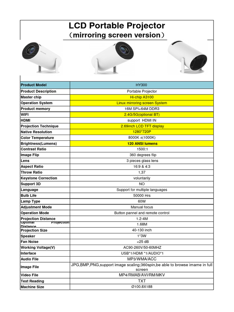 Ficha Tecnica Proyector Hy300 | PDF | Liquid Crystal Display | Display Technology