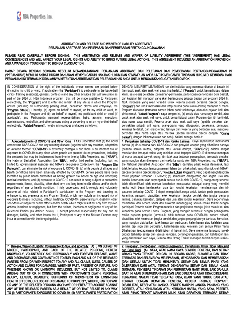 2024 Jr. NBA Asia - Indonesia Participant Waiver | PDF