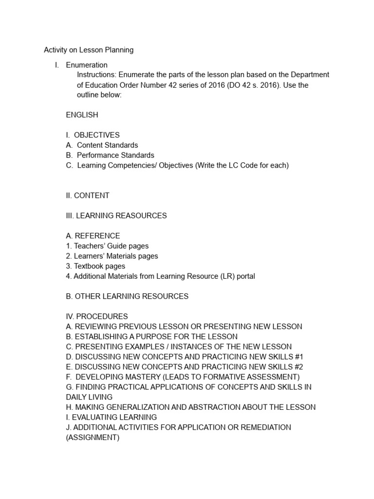 Activity On DO 42 s.2016 Lesson Planning | PDF | Lesson Plan | Teachers