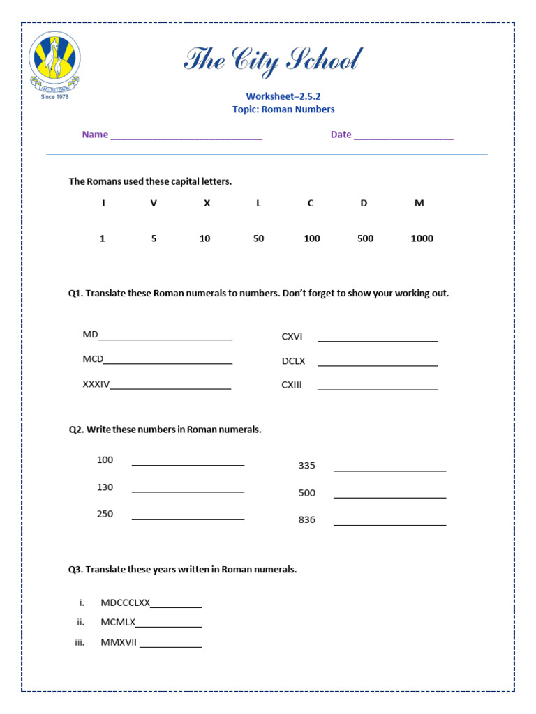 Class 5 Worksheet 2.5.2 - Roman Numbers (1) | PDF