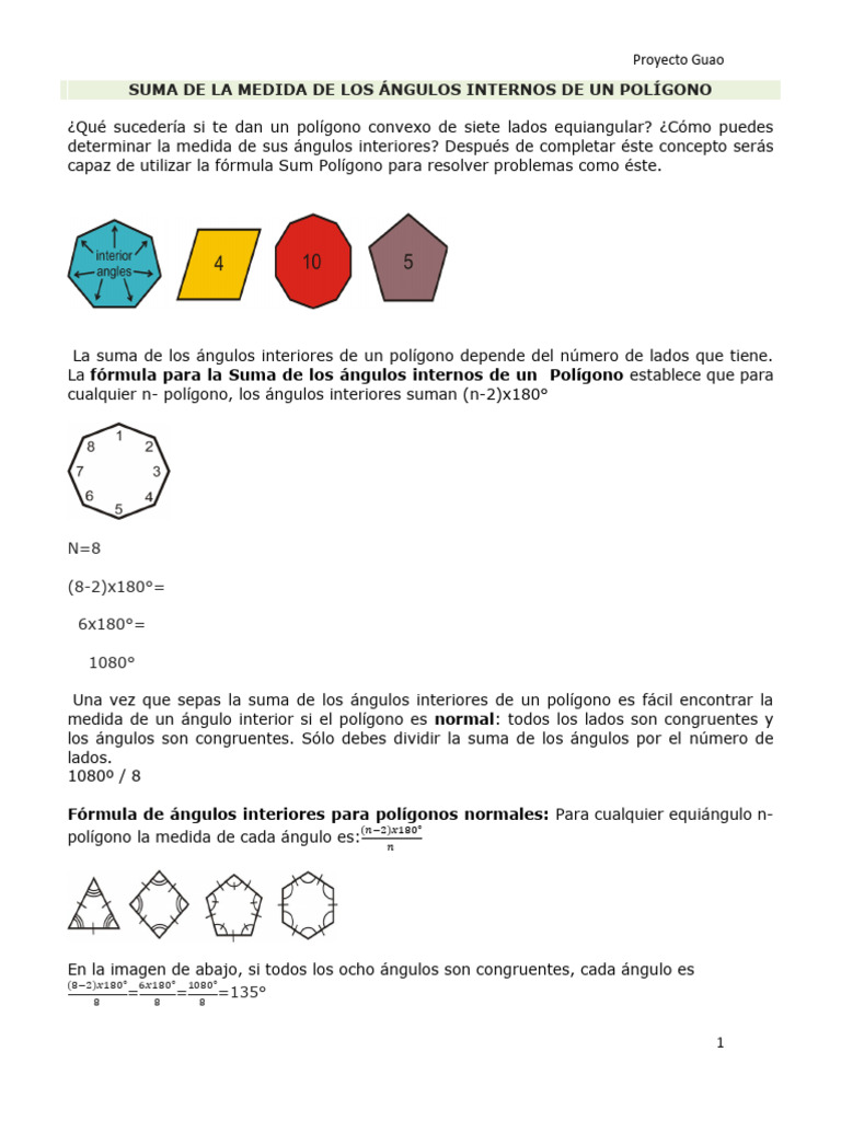 Suma de La Medida de Los Ángulos Internos de Un Polígono Ejercicios | Descargar gratis PDF ...