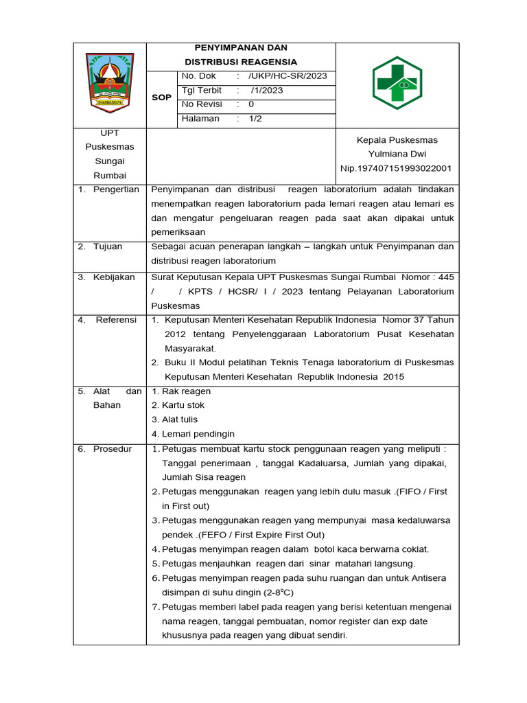 2.SOP Penyimpanan Dan Distribusi Reagensia | PDF