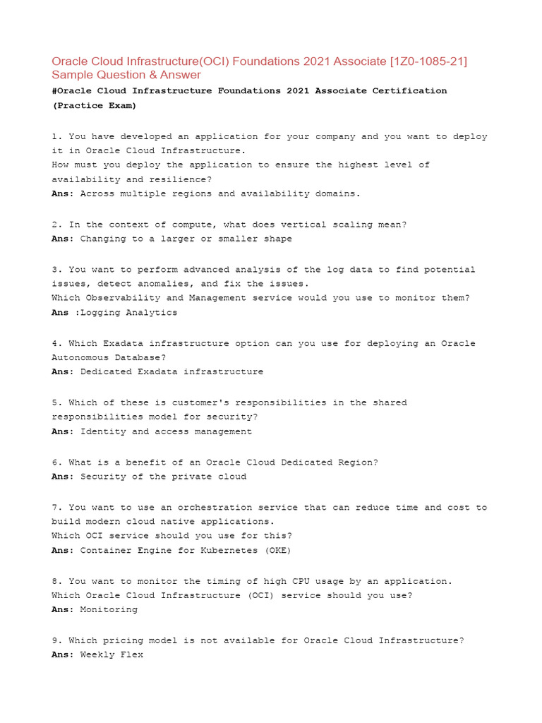 Oracle Cloud Infrastructure (OCI) Foundations 2021 Associate (1Z0-1085-21) Sample Question ...