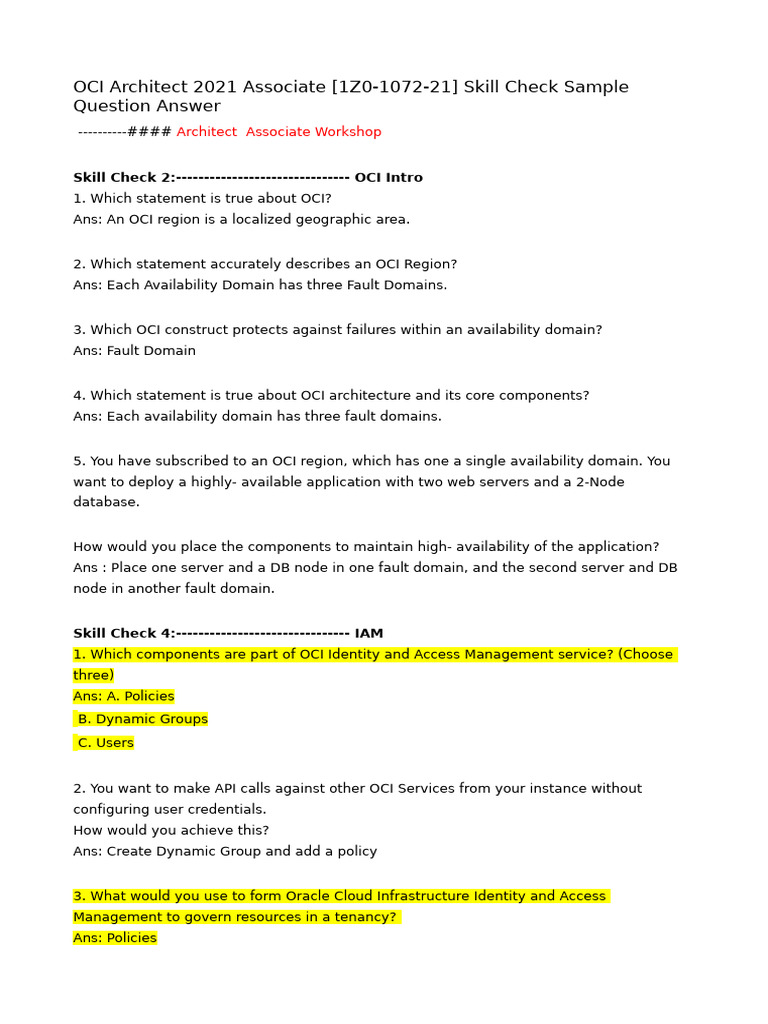 OCI Architect 2021 Associate (1Z0-1072-21) Skill Check Sample Question Answer | PDF | File ...