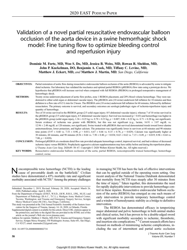 Validation of A Novel Partial Resuscitative Endovascular Balloon Occlusion of The Aorta Device ...