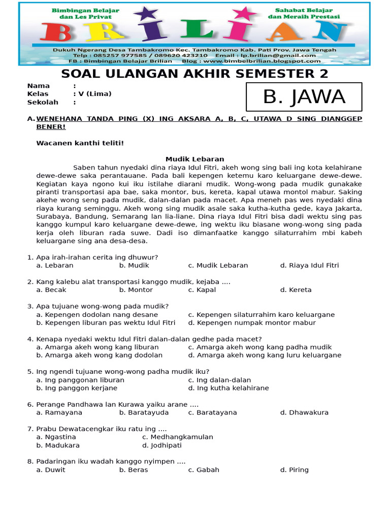 Soal UAS Bahasa Jawa Kelas 5 SD Semester 2 Dan Kunci Jawabannya | PDF