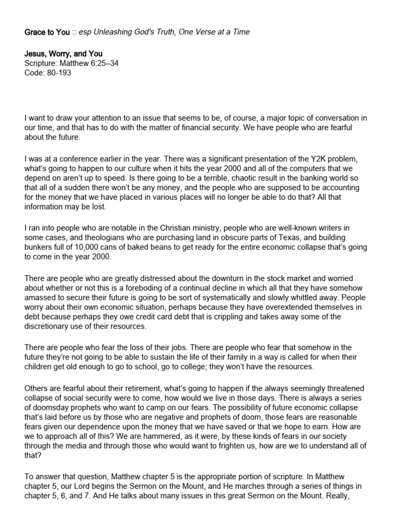 Jesus, Worry, and You Apr 25 2024 | PDF | Jesus | God