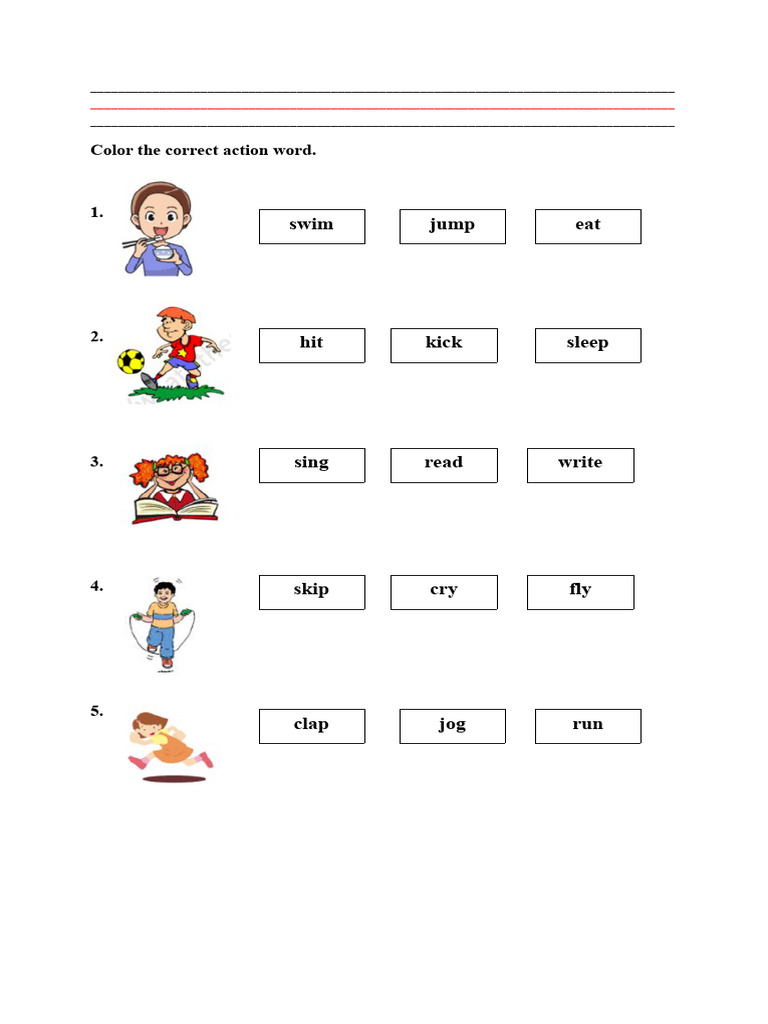Action Words Worksheet for Grade 1 | PDF