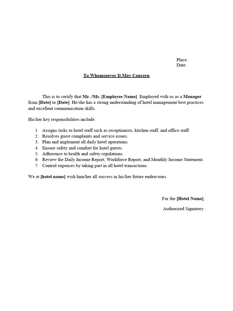 Hotel Manager Experience Certificate | PDF