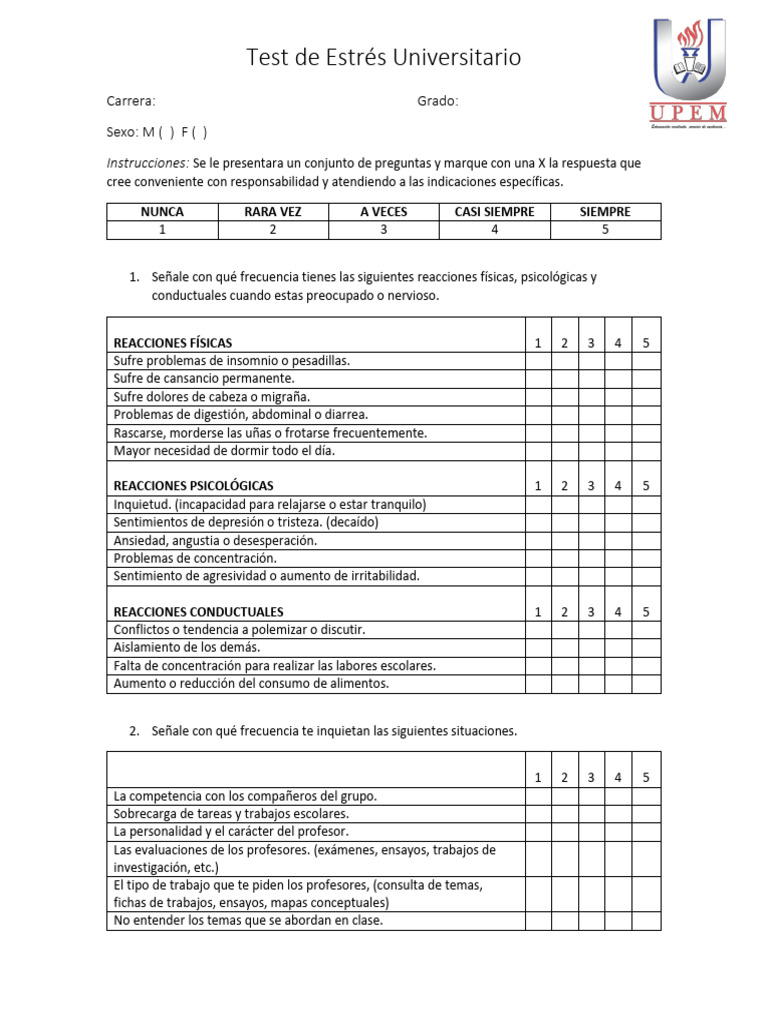 Test de Estres | Descargar gratis PDF | Estrés (biología) | Depresión ...