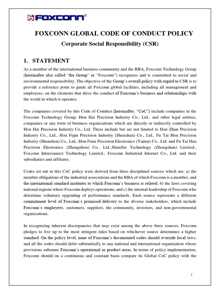 Foxconn Global Code of Conduct Policy | PDF | Occupational Safety And ...