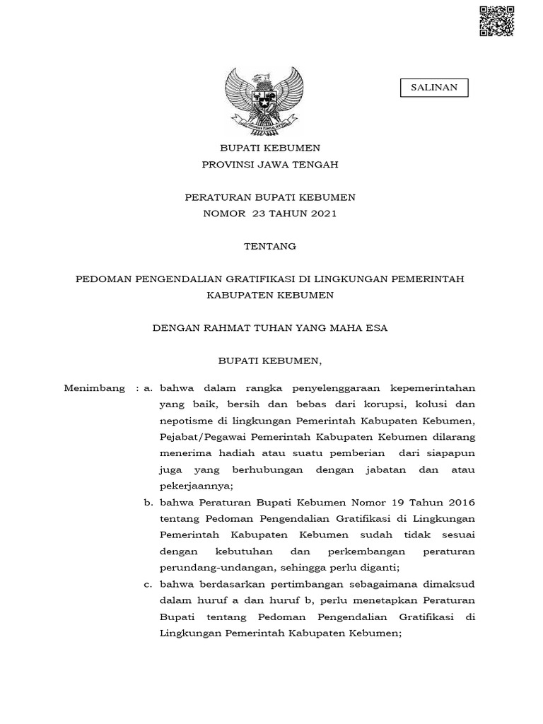 Pedoman Pengendalian Gratifikasi Di Lingkungan Pemerintah Kabupaten Kebumen | PDF | Hukum