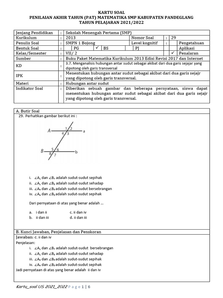 Kartu Soal PAT MTK - SMP 2021 - 2022 | PDF
