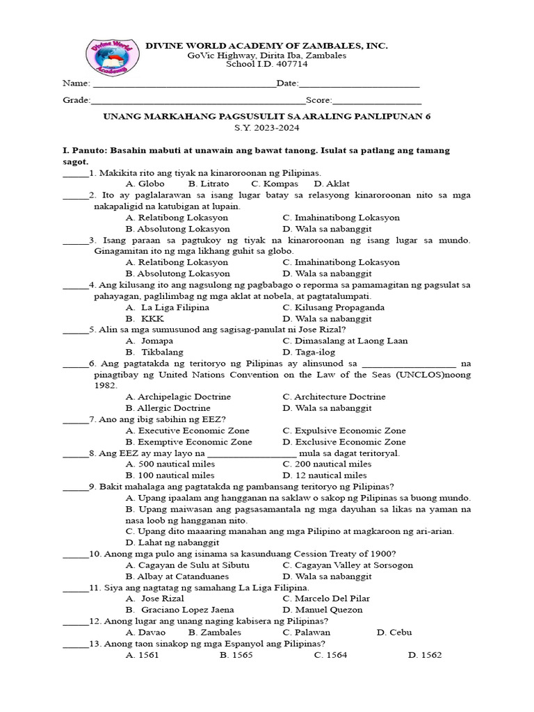 Grade 6 - First Quarter Exam | PDF