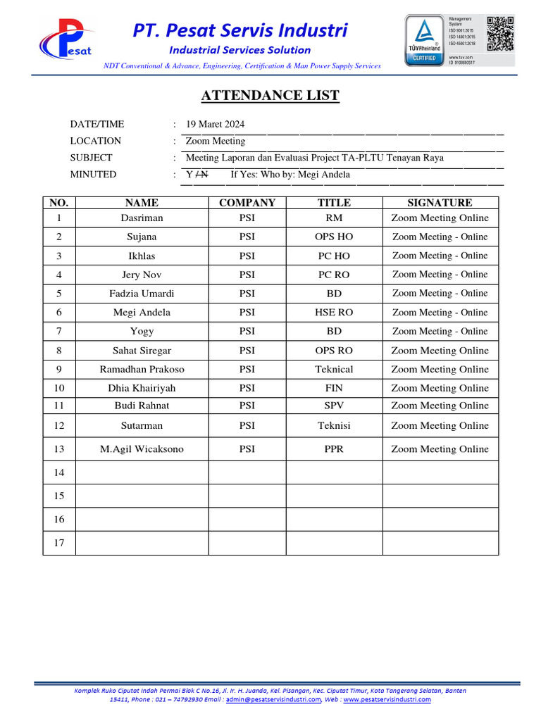 Attendance List - Meeting Laporan dan Evaluasi Project TA-PLTU Tenayan Raya 19 Maret 2024 | PDF