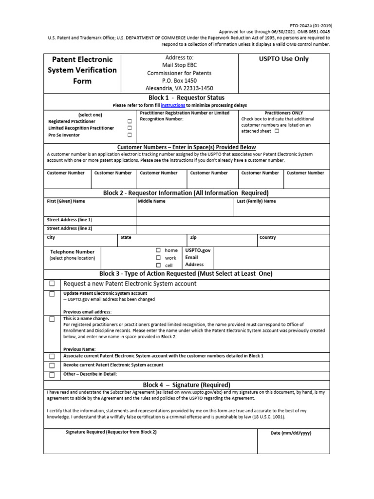 Patent Electronic System Account Form | PDF | United States Patent And ...