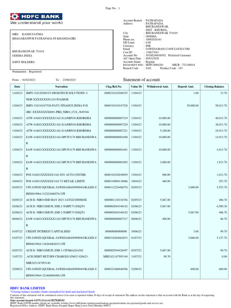 HDFC Bank Account Statement Summary | PDF | Debits And Credits | Payments
