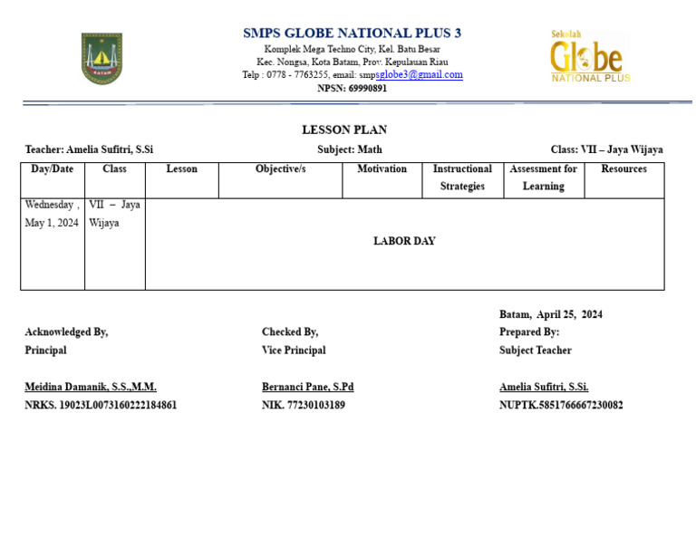 Lesson Plan Kelas 7 - Jaya Wijaya 1 Mei 2024 | PDF