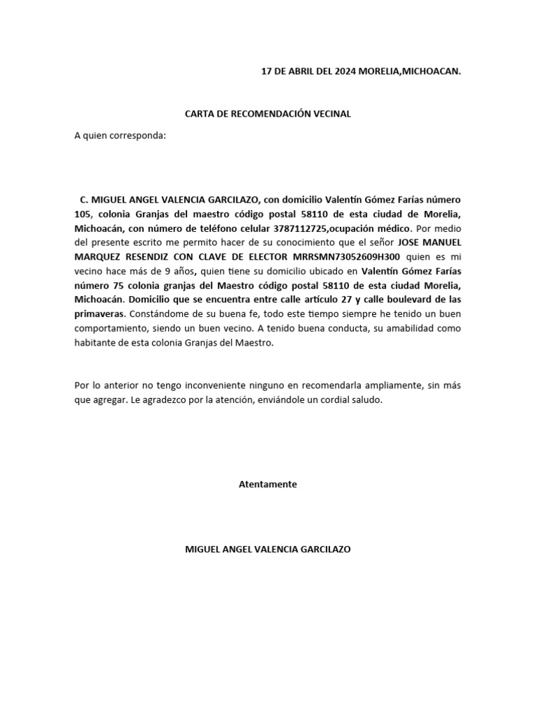 Carta de Recomendación Vecinal | PDF | Telecomunicaciones