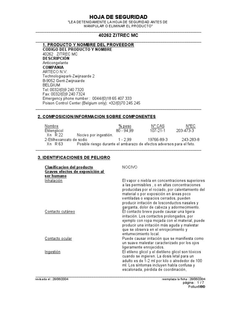 Ficha Seguridad Zitrec - MC | PDF | Agua potable | Vómitos