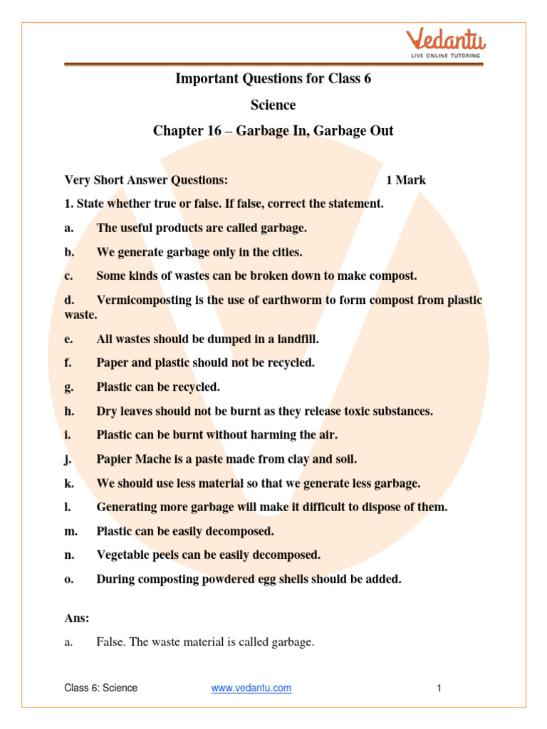 CBSE Class 6 Science Chapter 16 - Garbage In, Garbage Out Important Questions 2023-24 | PDF ...