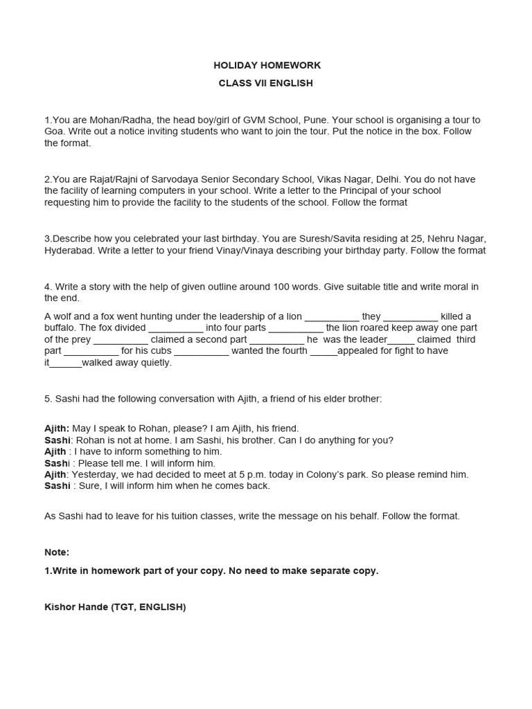 Holiday Homework English Vii B | PDF