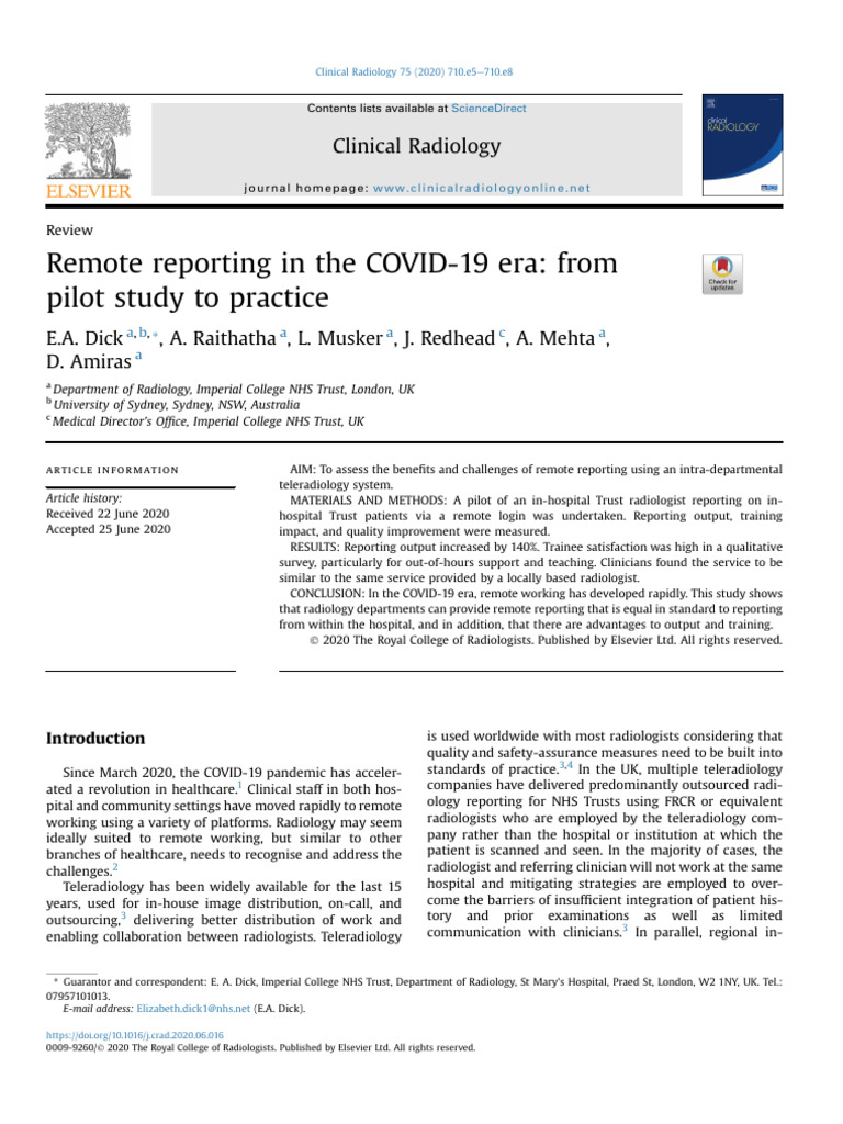 Remote Reporting in The COVID 19 Era From Pilot S | PDF | Radiology ...