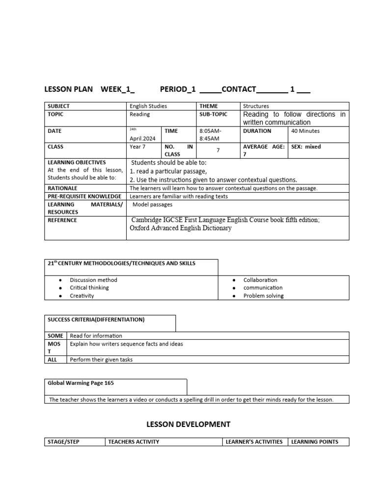 Lesson Plan For High School 3 | PDF | Learning | Reading Comprehension