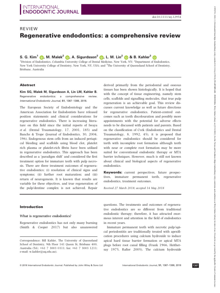 Int Endodontic J - 2018 - Kim - Regenerative endodontics a ...