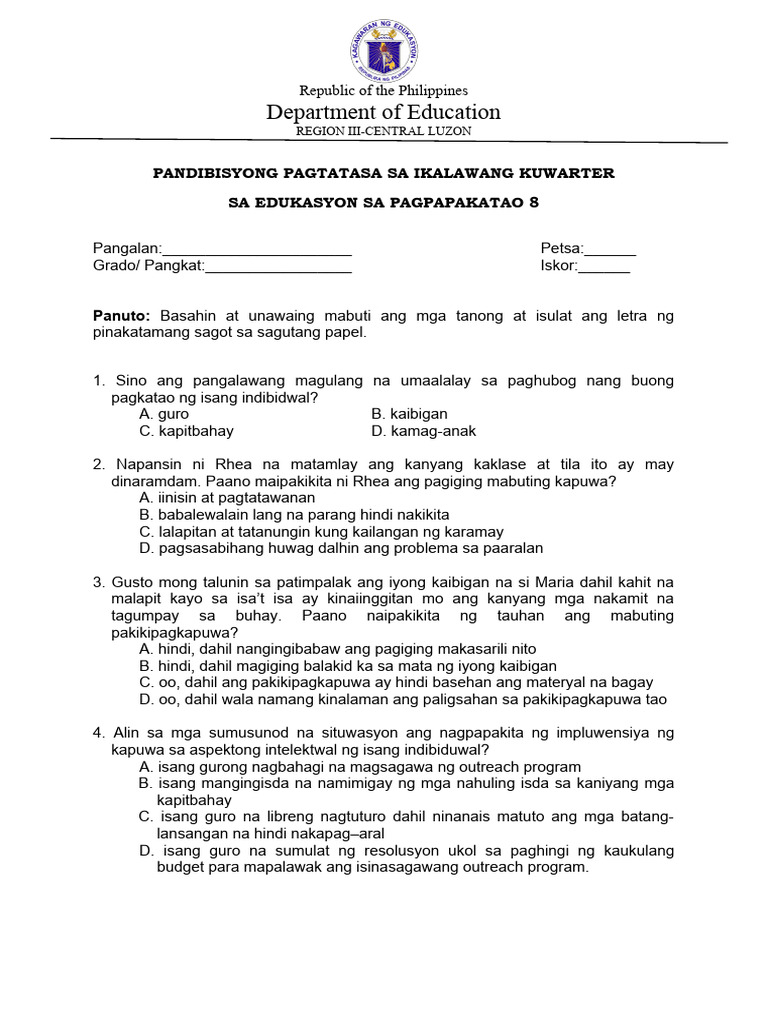 Esp 8 q2 Exam Edited (1) | PDF