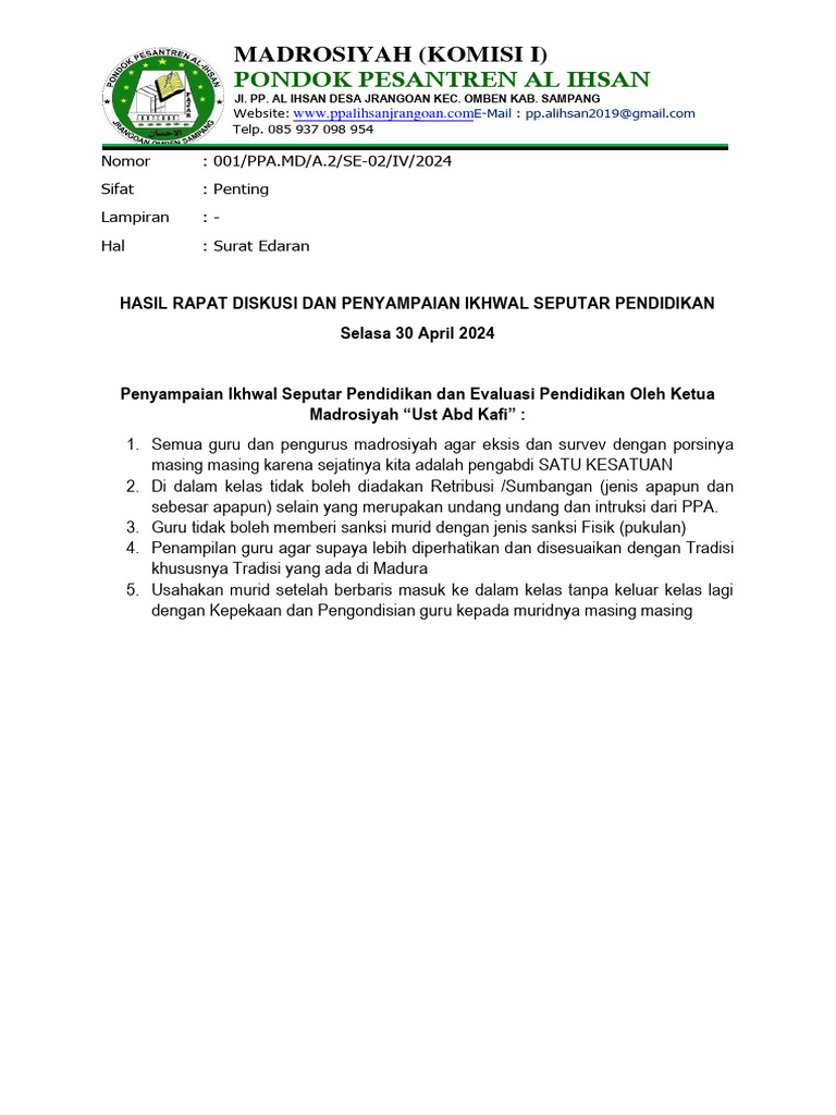 Surat Edaran Pendidikan Pondok Pesantren | PDF | Karier & Perkembangan ...