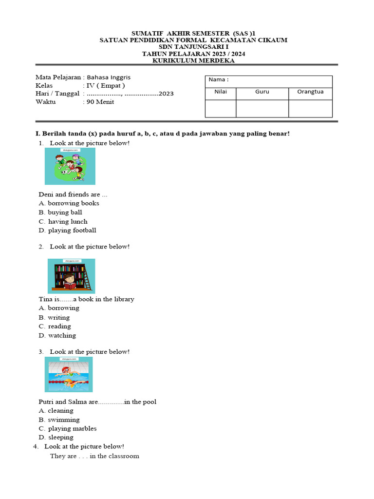 Soal Sumatif PAS Bahasa Inggris Kelas IV Semester 1 | PDF