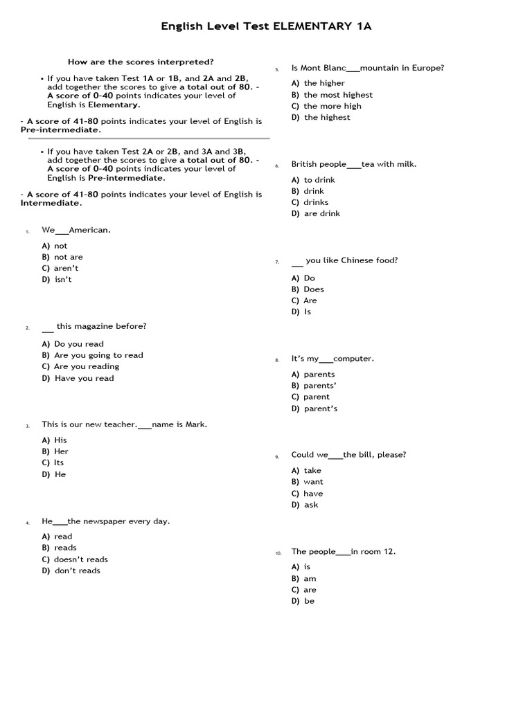 English Level Test PDF Elementary A1 With Answers Englishtestpdf | PDF