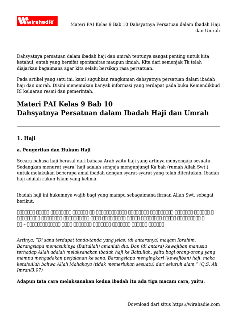 Materi PAI Kelas 9 Bab 10 Dahsyatnya Persatuan Dalam Ibadah Haji Dan Umrah | PDF