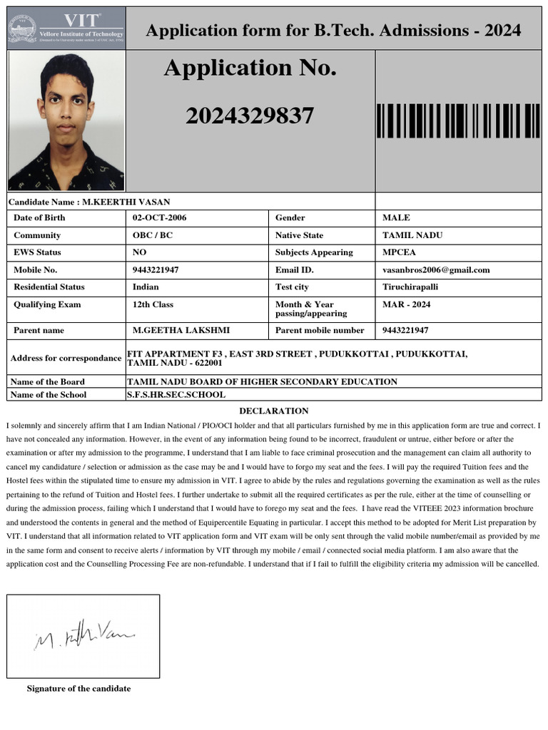 Application No. 2024329837: Application Form For B.Tech. Admissions ...