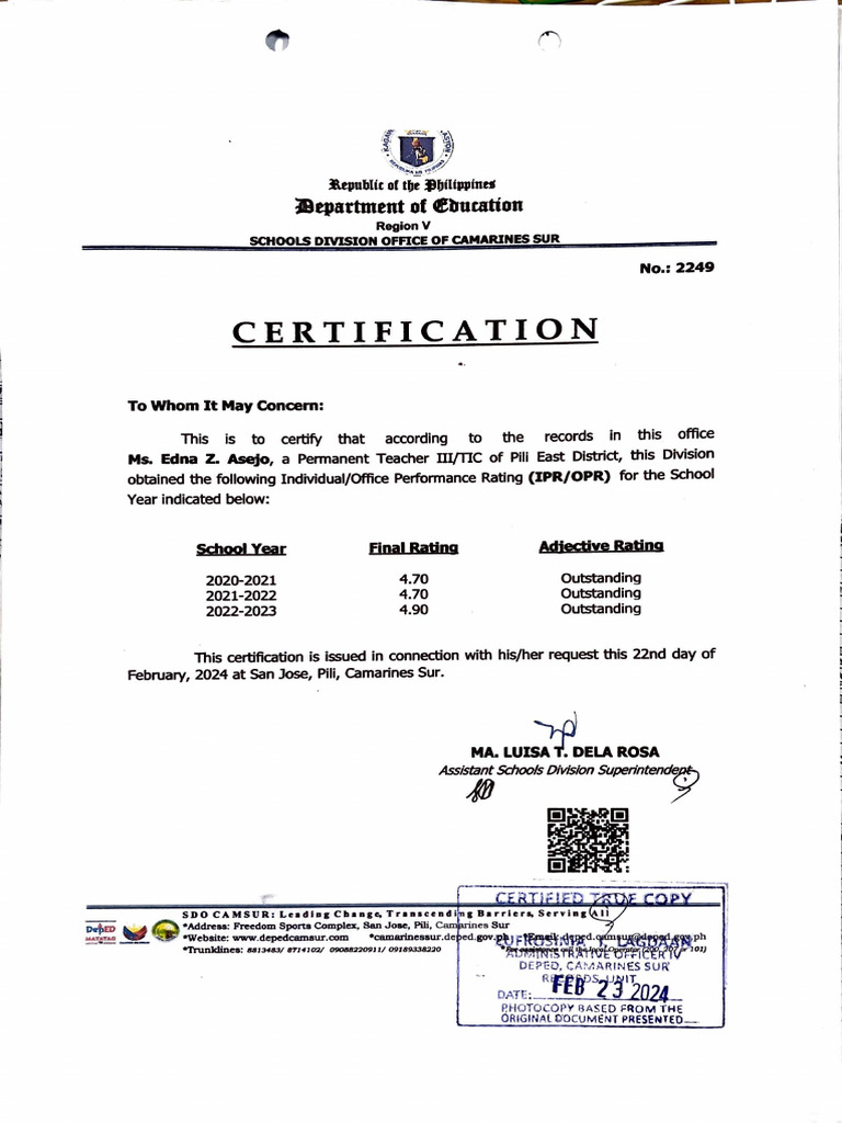 Performance Rating - Edna Z. Asejo | PDF