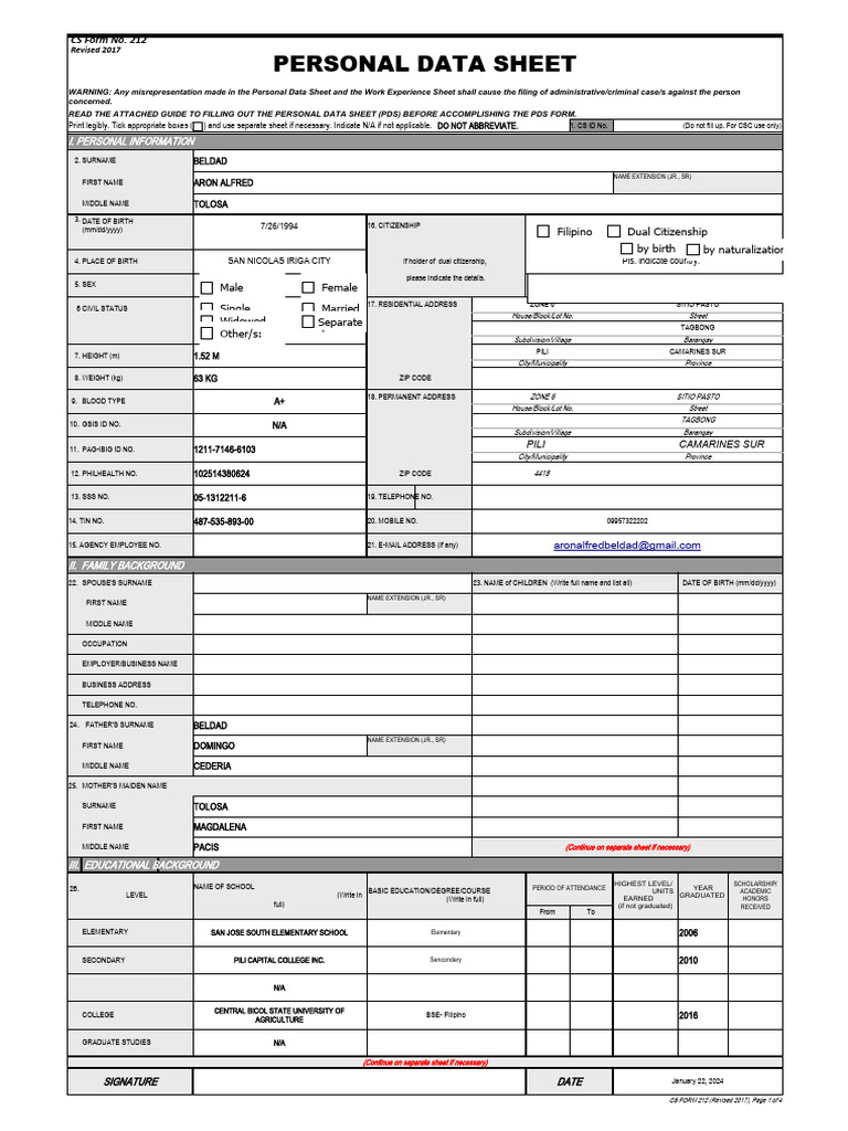 Personal Data Sheet: Filipino Dual Citizenship by Birth by ...