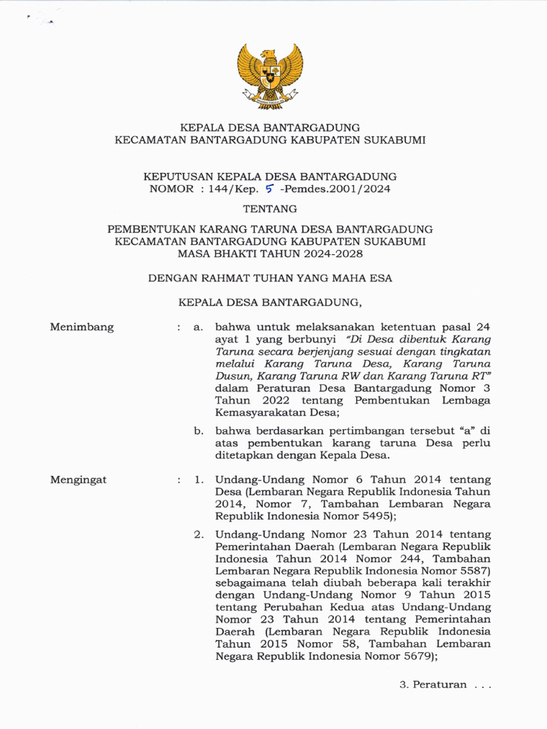 SK PEMBENTUKAN KARANG TARUNA MASA BHAKTI 2024-2028 | PDF