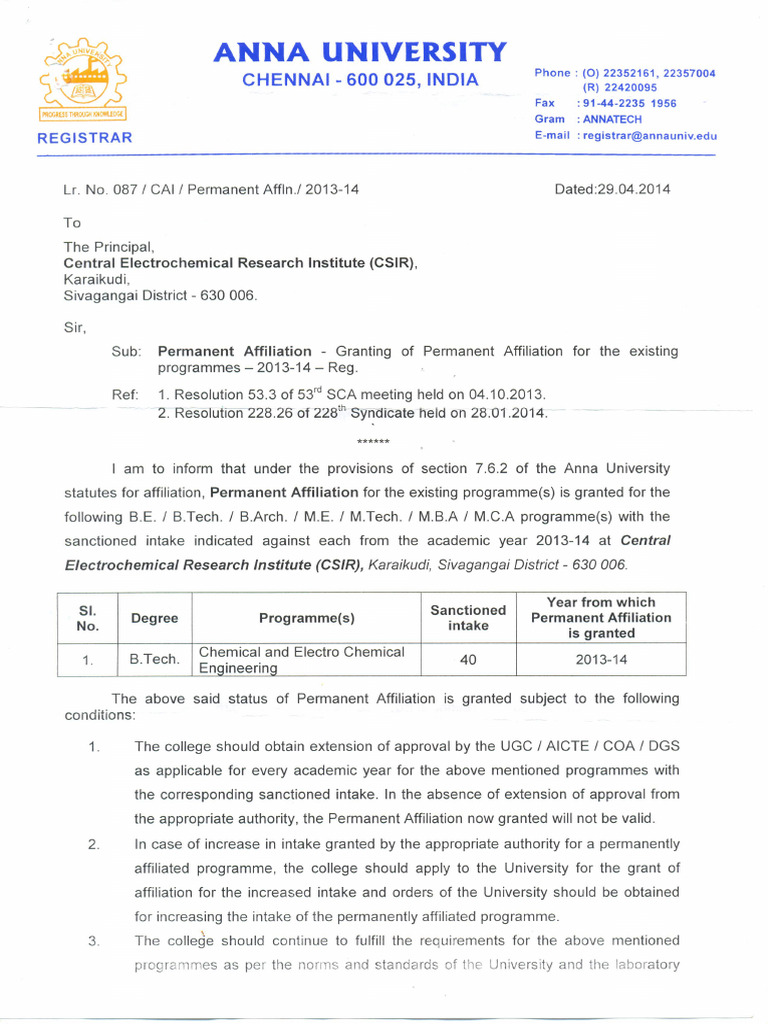 Permanent Affiliation Letter | PDF