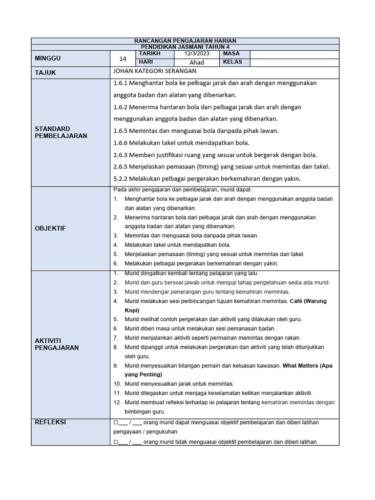 RPH Ringkas Minggu 14 Pendidikan Jasmani THN 4 by Cikgu Gorgeous | PDF