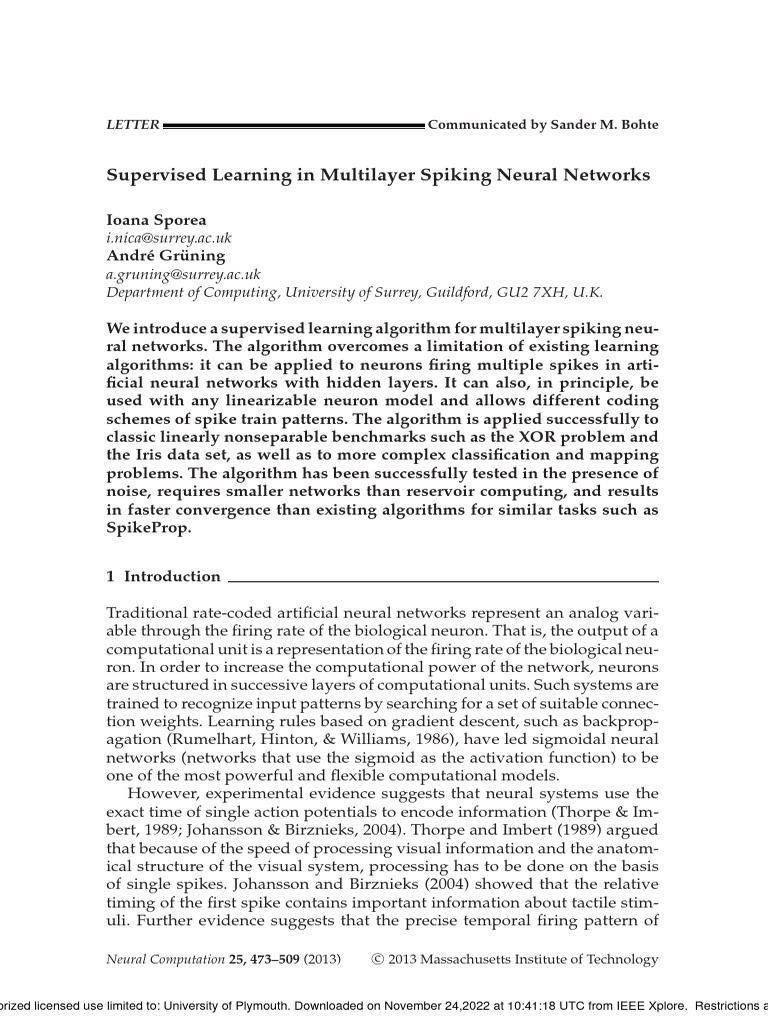 Supervised Learning in Multilayer Spiking Neural Networks | PDF | Artificial Neural Network ...