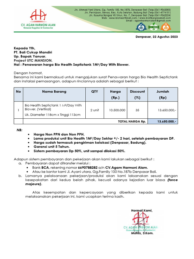Penawaran Harga Bio 1M3 - PT BCM - Project UTC Mansion | PDF