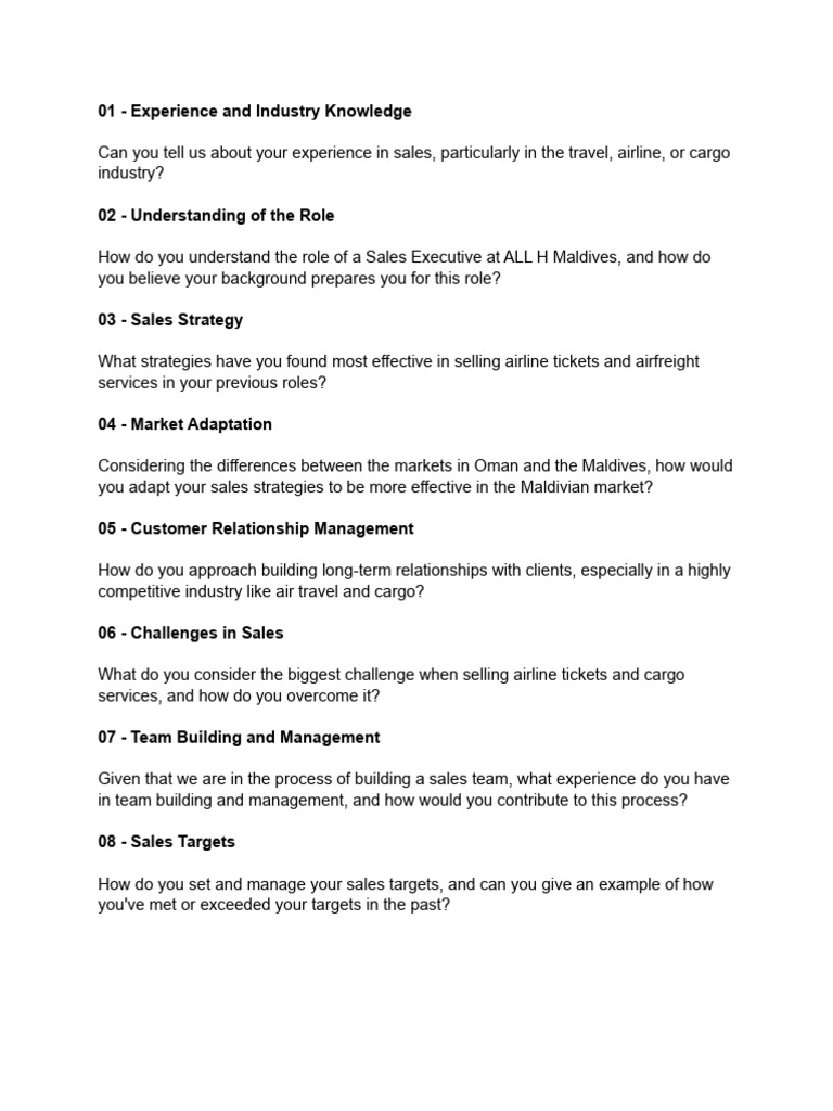 Sample Questionnaire For Sales Exceutive Candidates | PDF