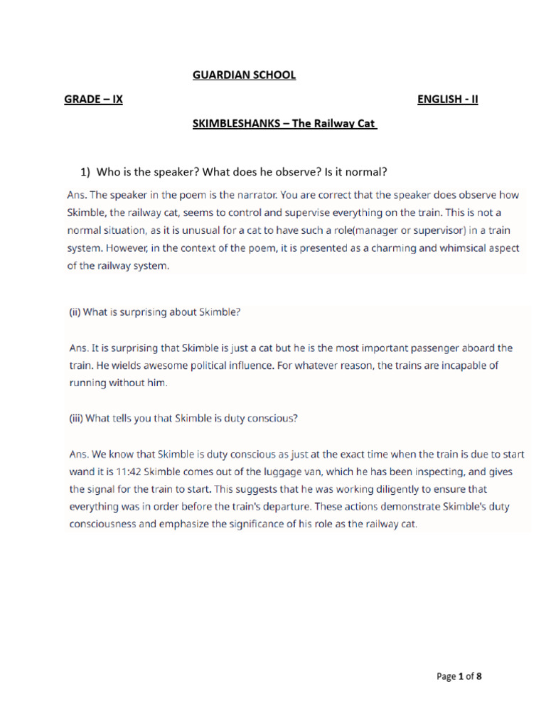 Skimbleshanks - the Railway Cat - question answers | PDF