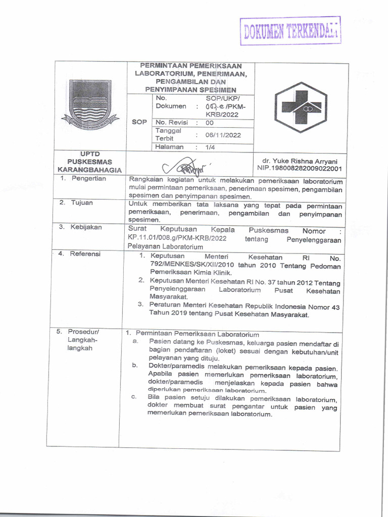 Sop Permintaan, Pemeriksaan, Penerimaan, Pengambilan Spesimen | PDF