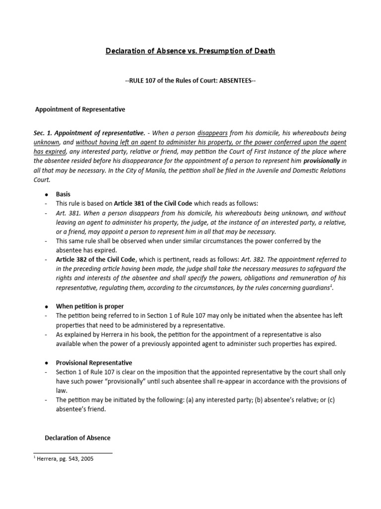 Declaration of Absence vs. Presumption of Death | PDF | Private Law ...