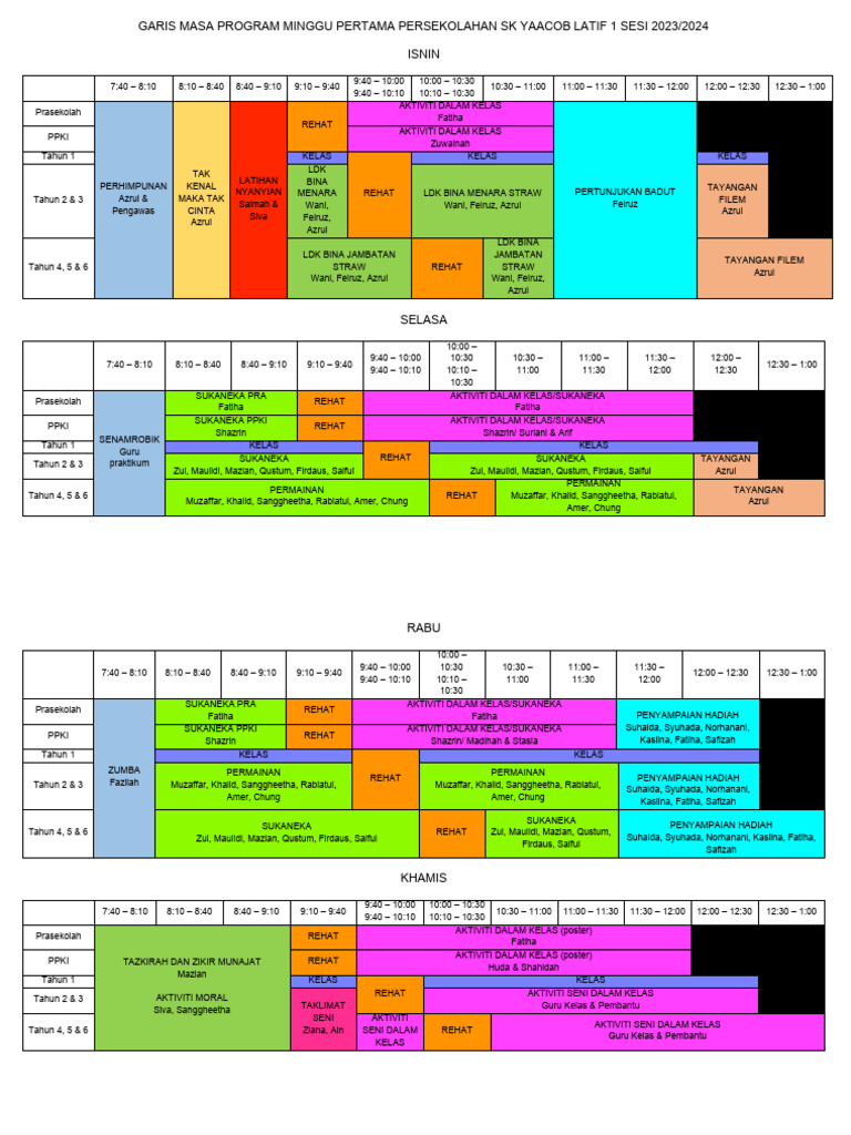 Garis Masa Program Minggu Pertama Persekolahan SK Yaacob Latif 1 Sesi 2023 | PDF