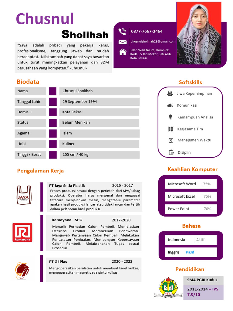 Biodata Chusnul Sholihah untuk Lamaran Kerja | PDF