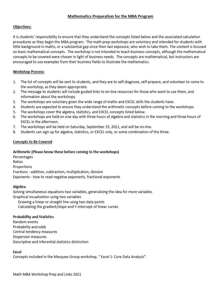 Math MBA Workshop Prep and Links 2021 | PDF | Mathematics | Arithmetic