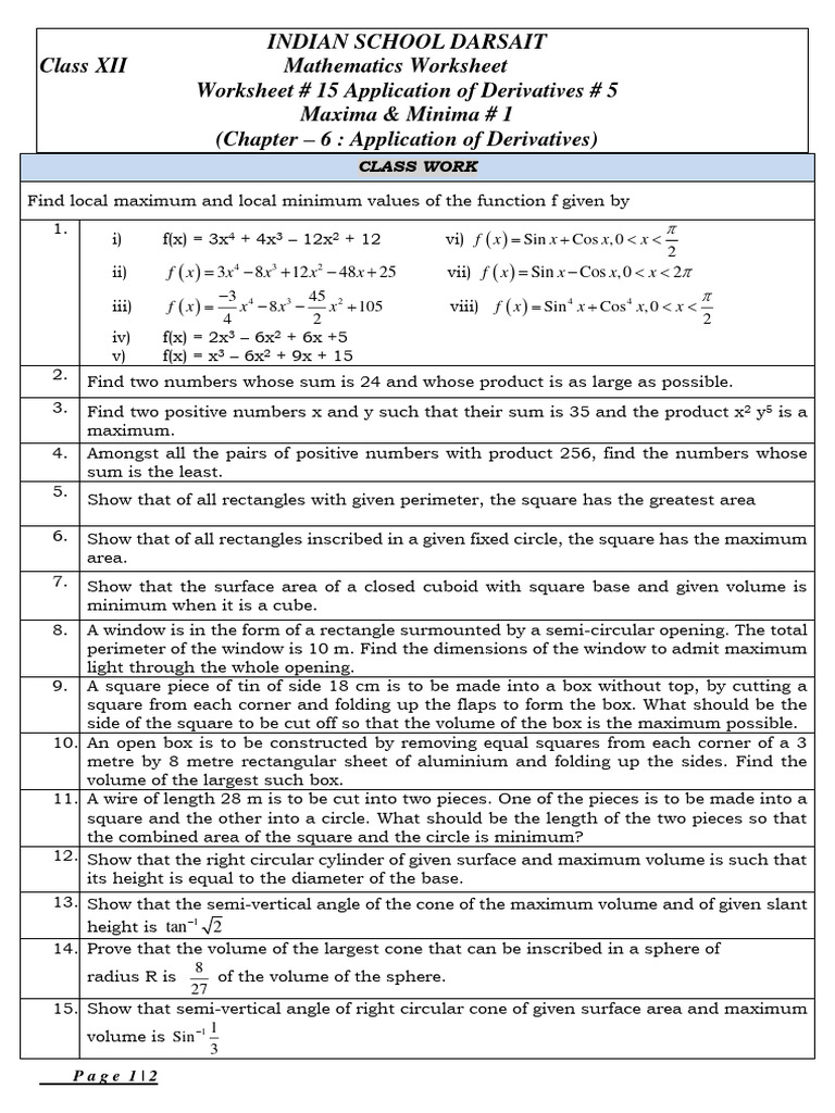 Worksheet 16 Applications of Differentiation 5 | PDF | Area | Sphere